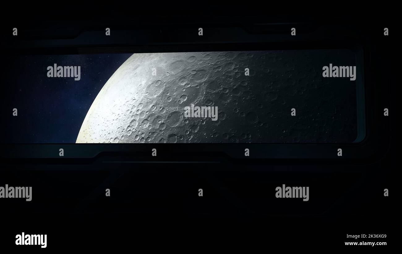 Moon in the porthole of a spacecraft Stock Photo - Alamy