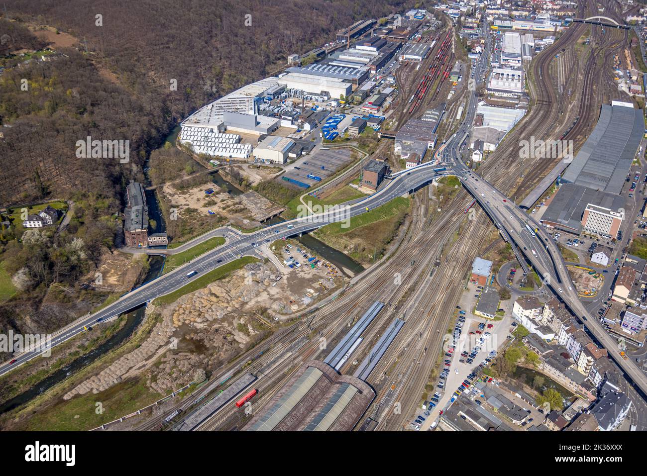 Aerial view, Westside City construction area at the river Volme behind ...