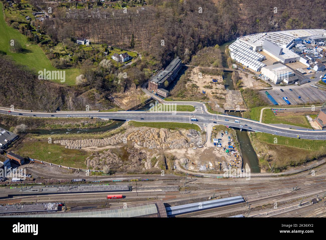 Aerial view, Westside City construction area at the river Volme behind ...