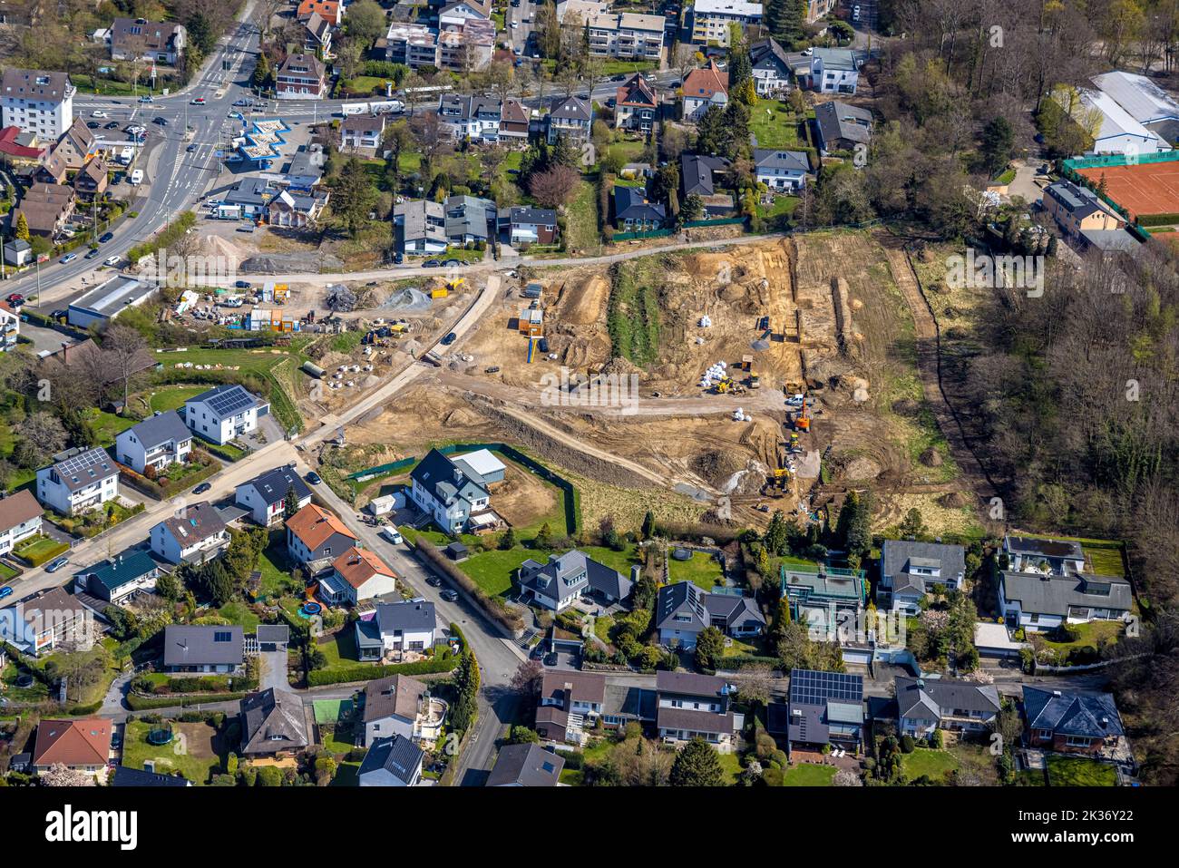 Aerial view, construction site and new building of the housing estate Auf der Gehre between ...