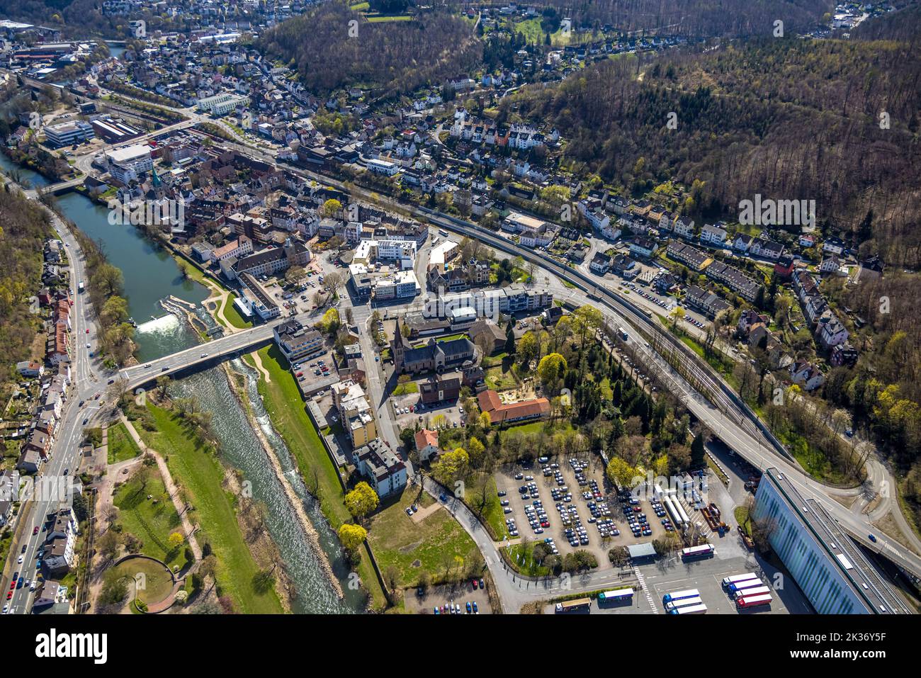 Aerial view, white water park at river Lenne, bridge Stennertstraße ...