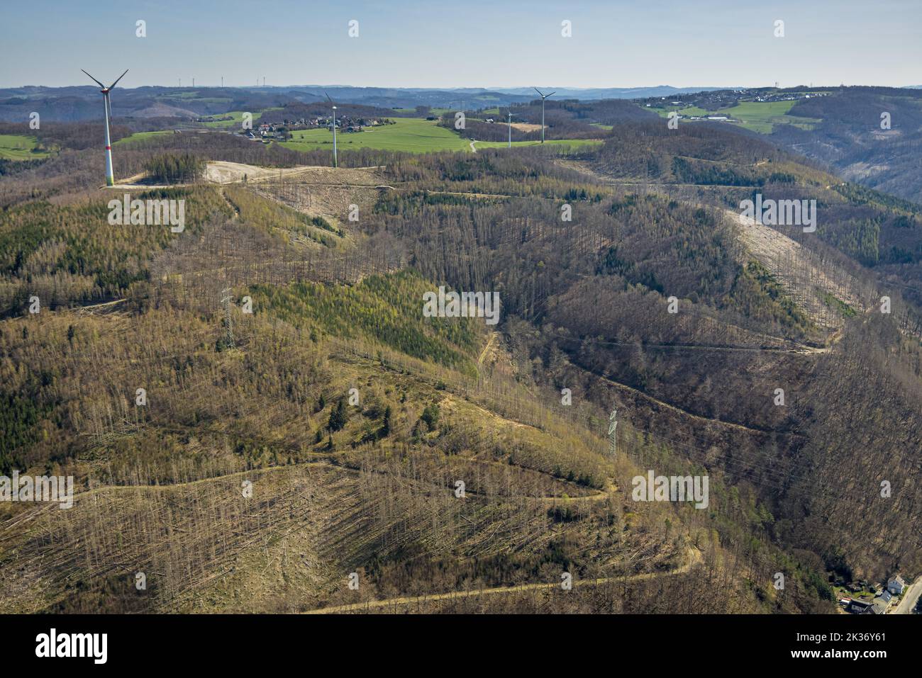 Aerial view, wind turbines in forest area with forest damage above ...
