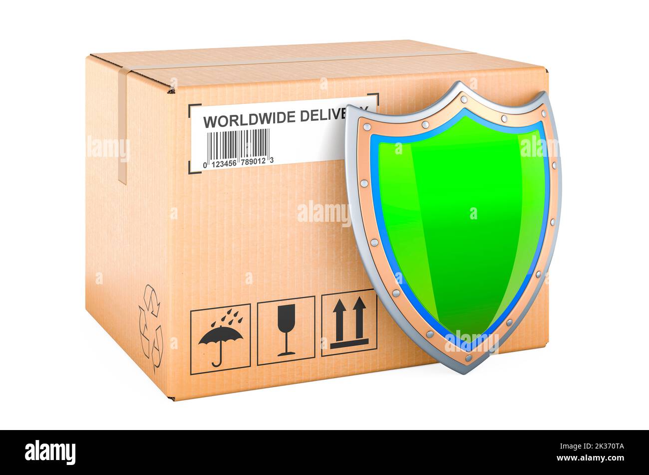 Parcel with shield. Safety delivery concept, 3D rendering isolated on ...