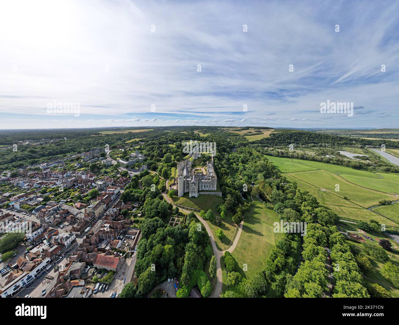 Spring aerial panorama of famous British castle Arundel Castle and ...