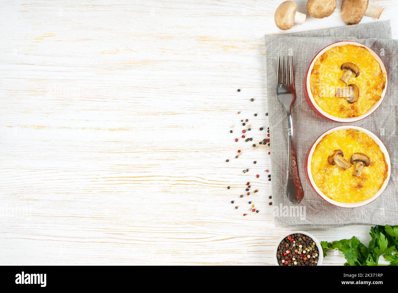 Chicken and mushroom casserole with golden crust, julienne with baked ...