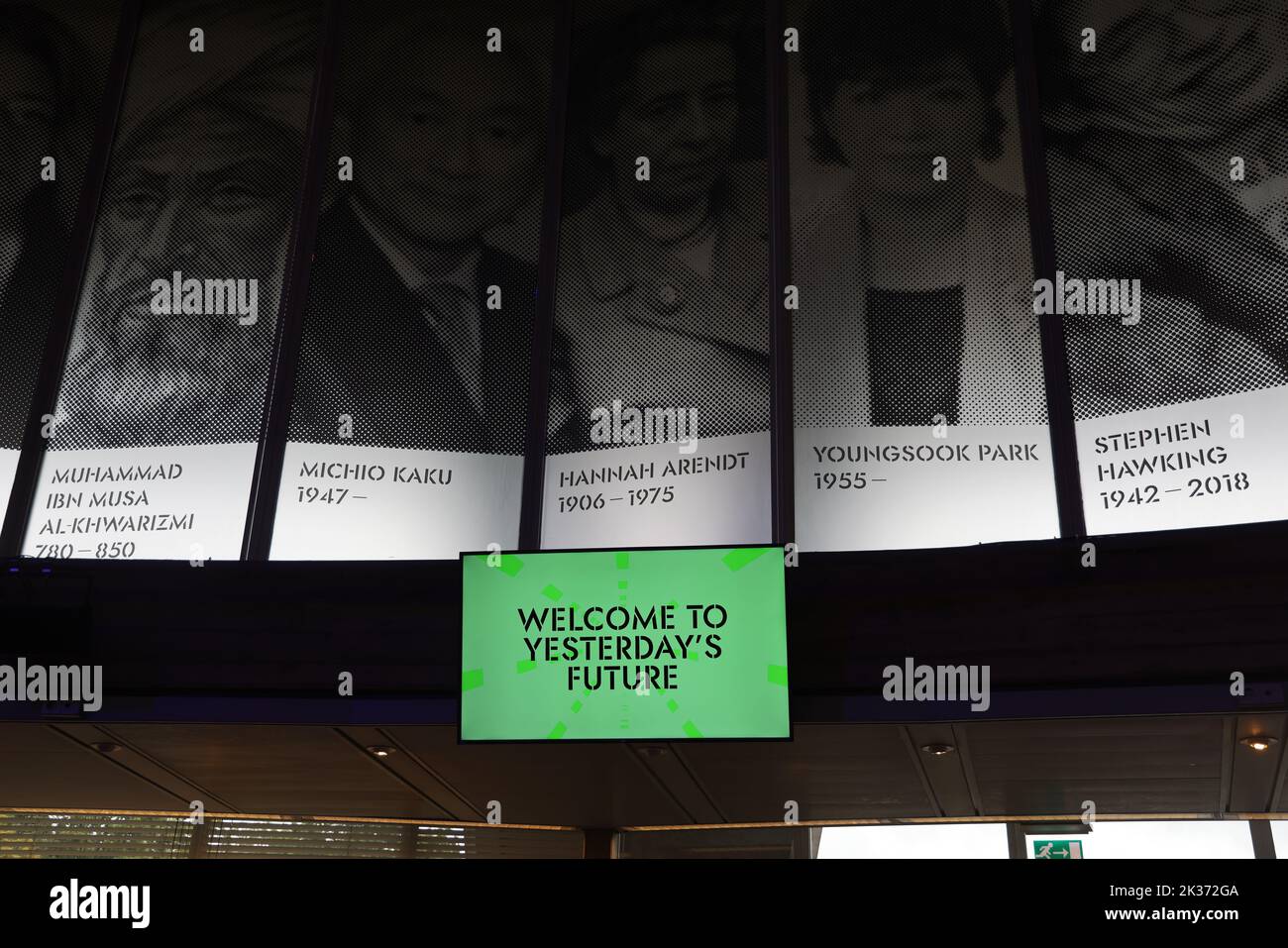 Signage display at the Retrofuture expo in the Evoluon showing text ...