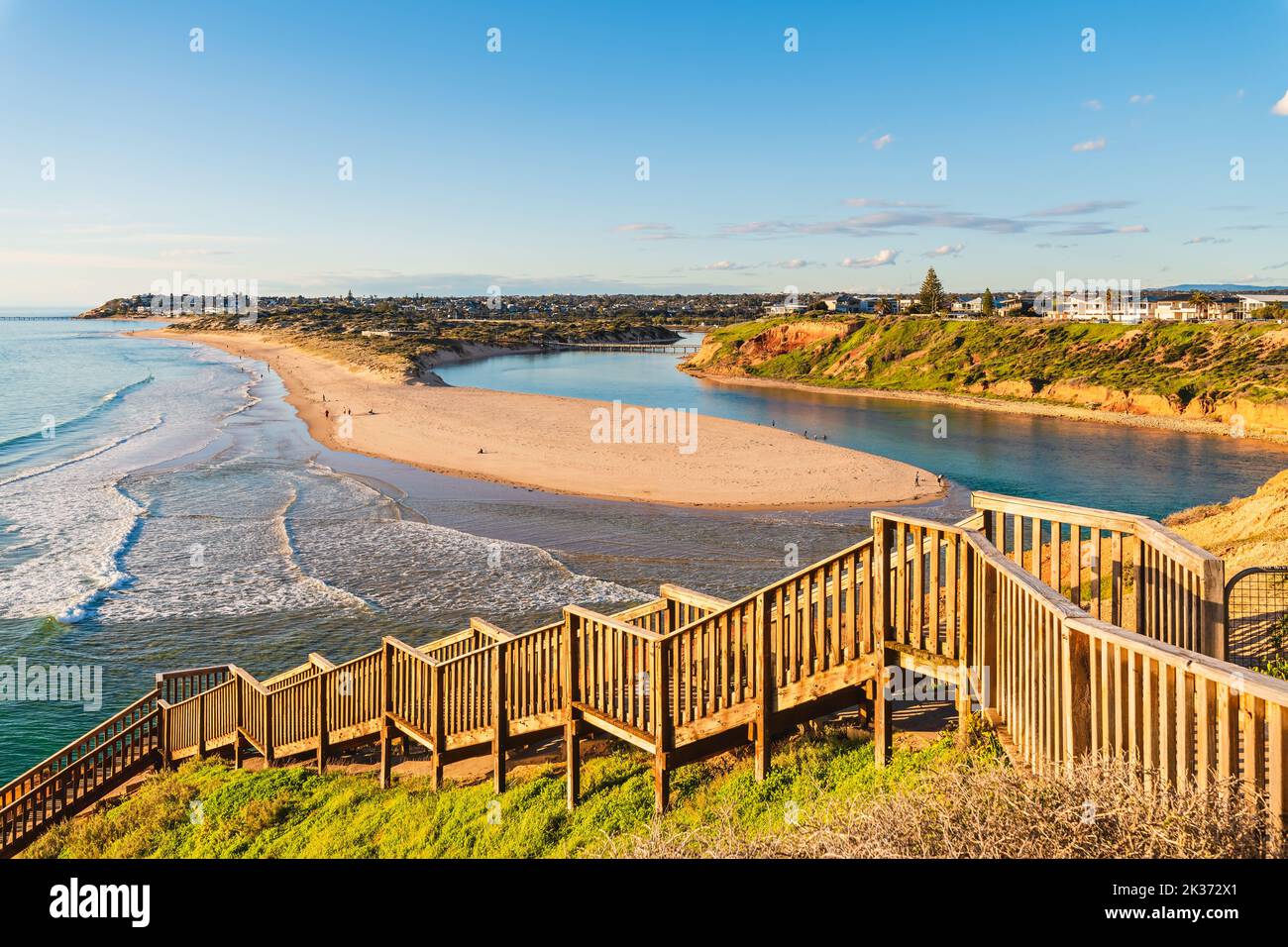 South Port beach stairs viewed towards Onkaparinga River, South ...