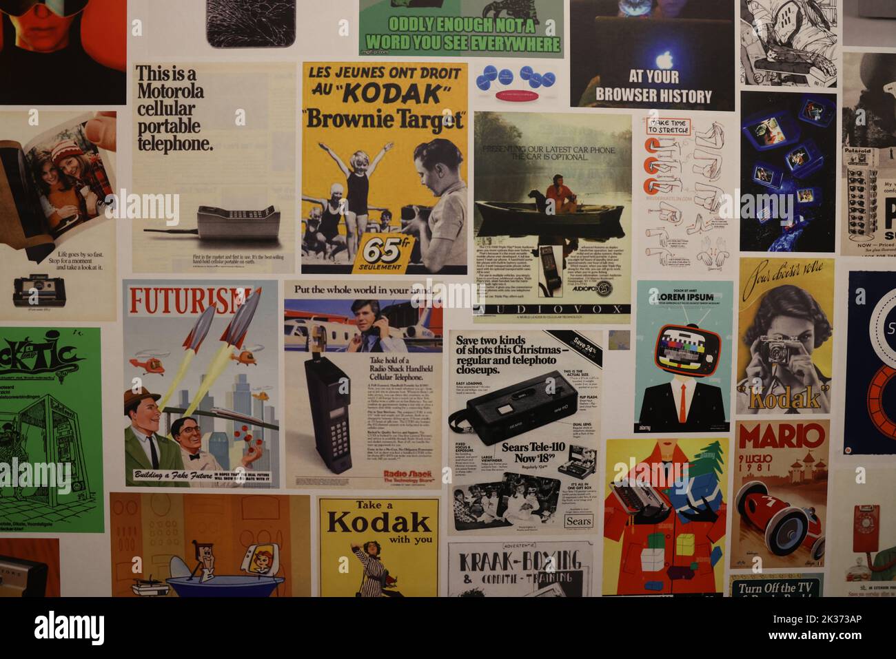 Wall with collection historic advertisements of technological companies ...
