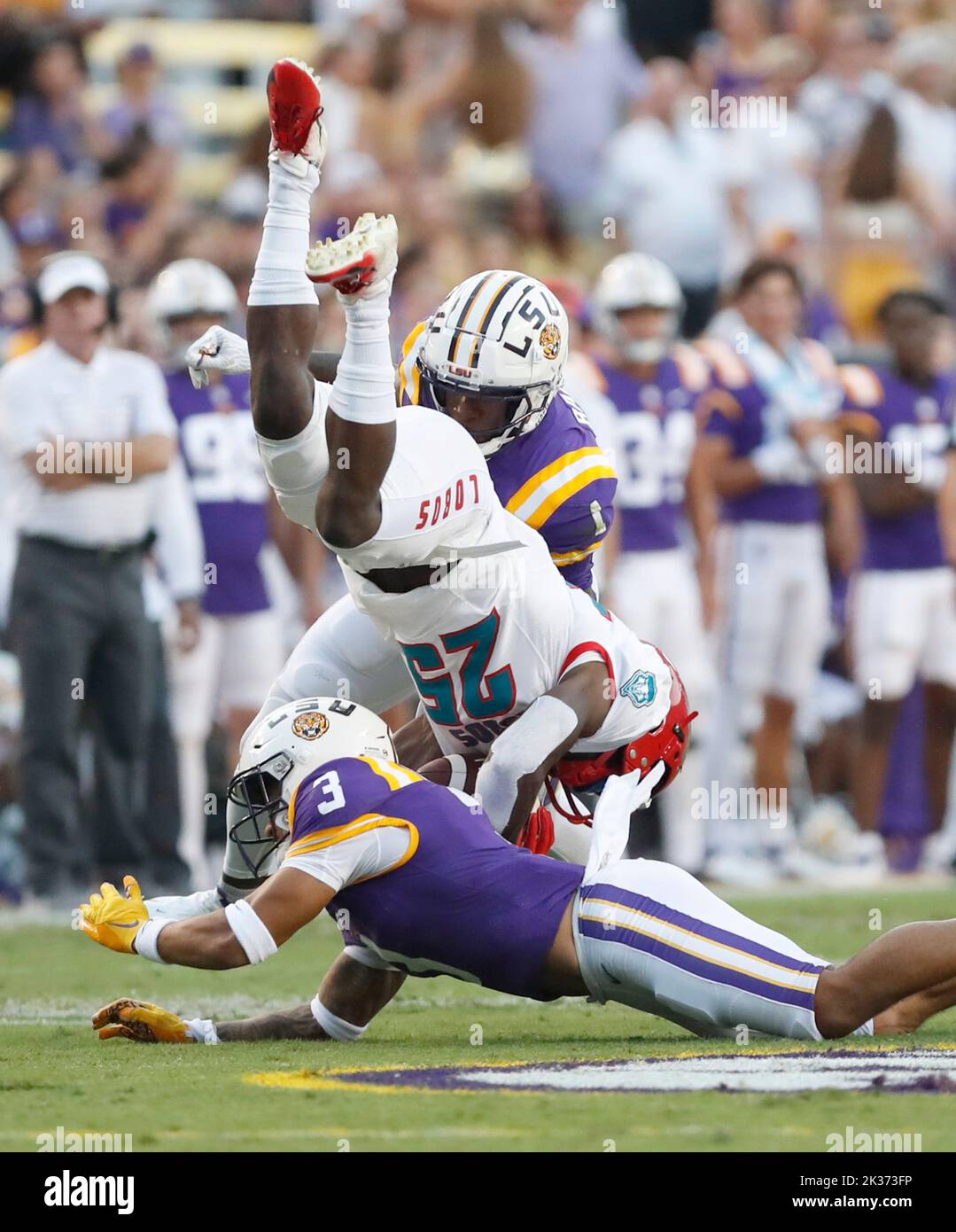 LSU Tigers safety Greg Brooks Jr. (3) upends New Mexico Lobos running ...