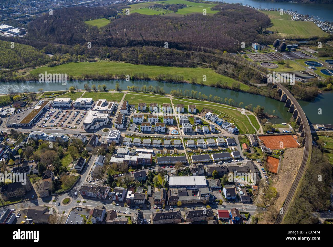 Ruhr aue quarter with ruhr promenade and ruhr viaduct railroad bridge ...