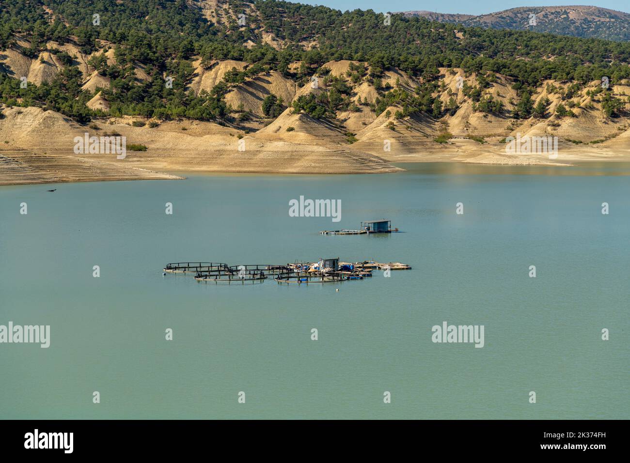 Aerial photo of fish farm in Antalya Korkuteli dam lake on a sunny day ...