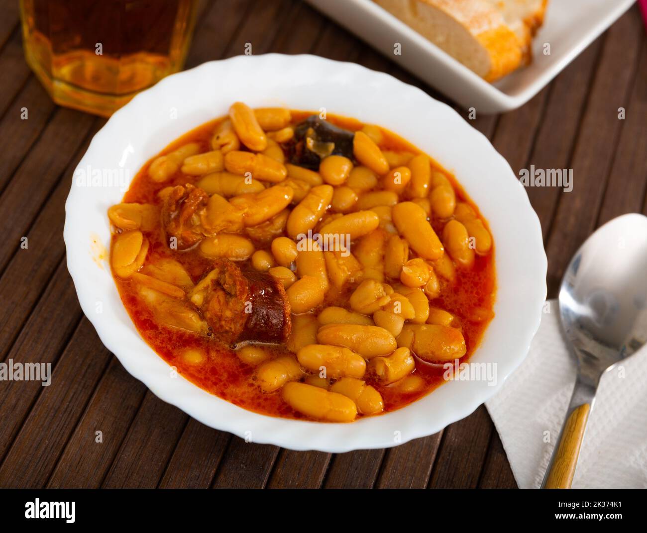 Asturian beans stew Fabada with pork, morcilla and chorizo Stock Photo ...