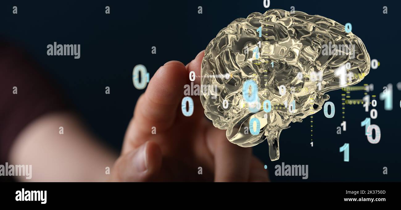 The male finger touching the 3d brain illustration with coding text over it. Artificial ...