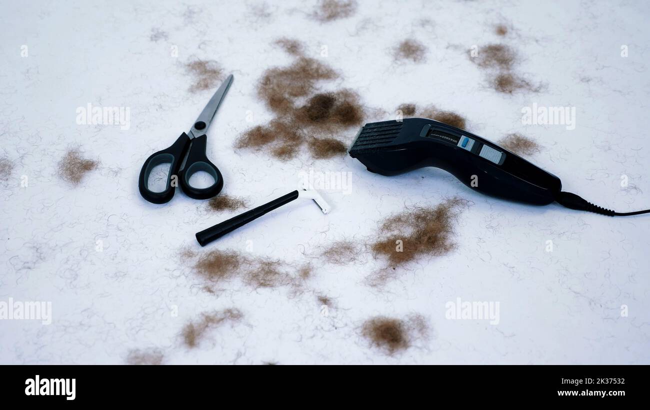 close up of Barber tools and a lot of cut hair from the body, on white ...