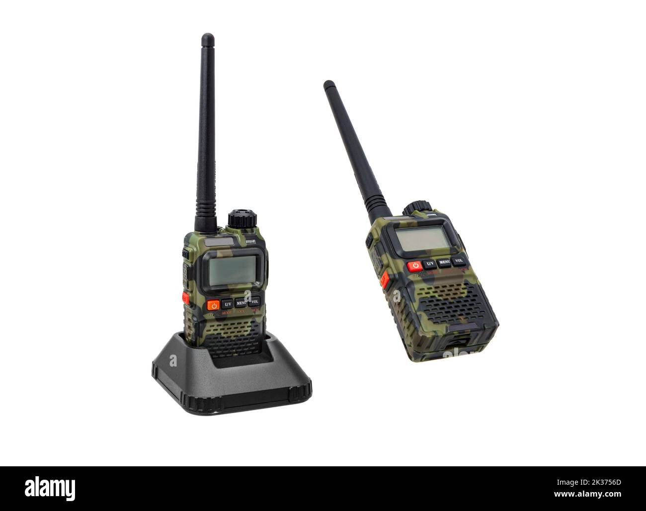 Green camouflage Walkie-talkie. Modern radio communication device ...