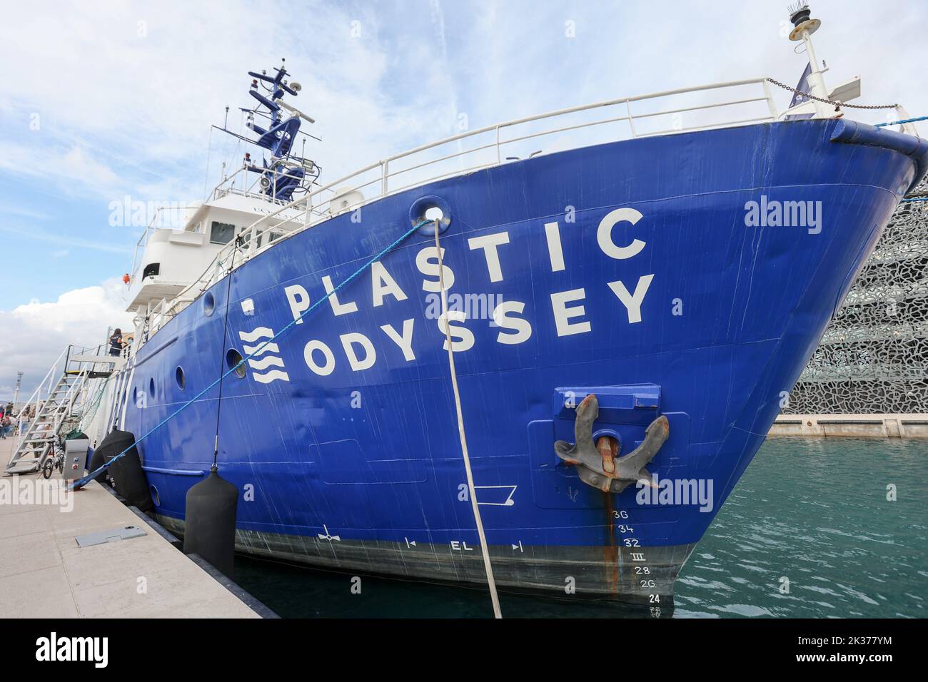 View of the Plastic Odyssey ship moored at the port of Marseille. The ...