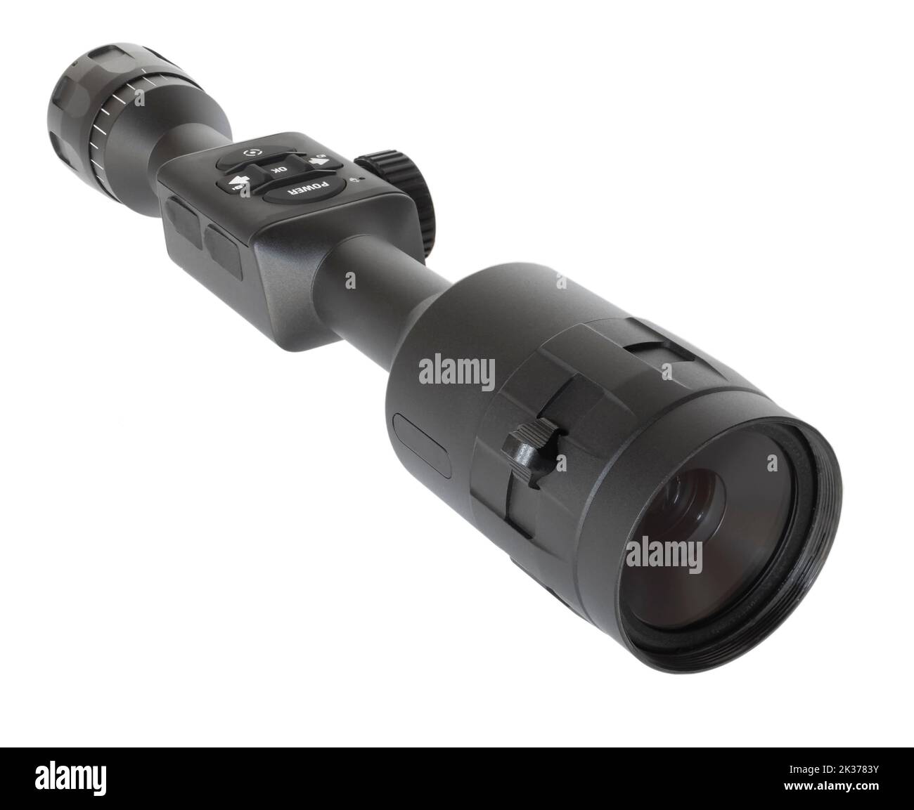 Angled view of an infrared night vision rifle scope isolated on white ...