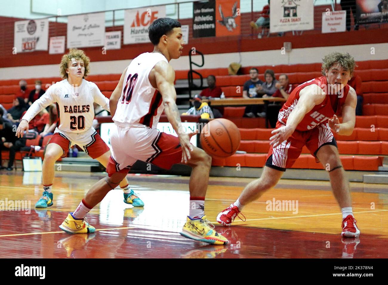 The indoor high school basketball game of Lake Station vs Hebron playing a tournament Stock ...