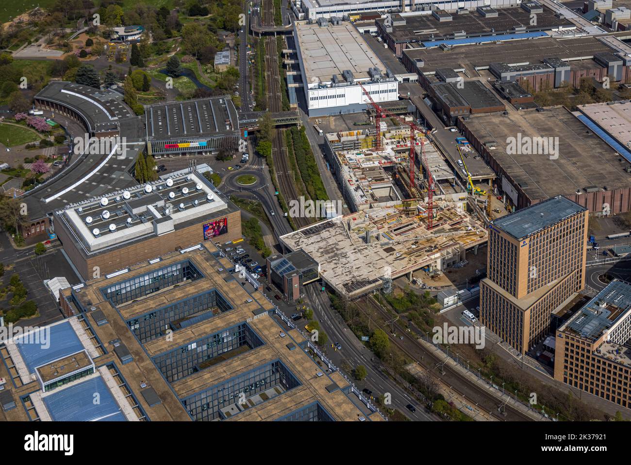 Aerial view, exhibition center Kölnmesse with construction site and new ...
