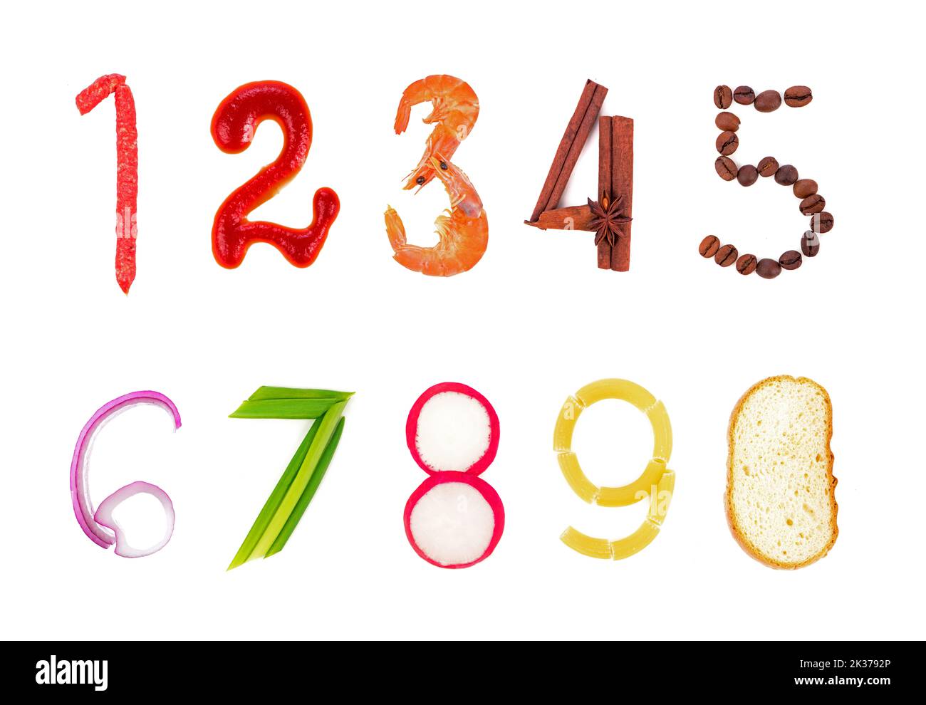 numbers numerals laid out from food isolated on white background Stock ...