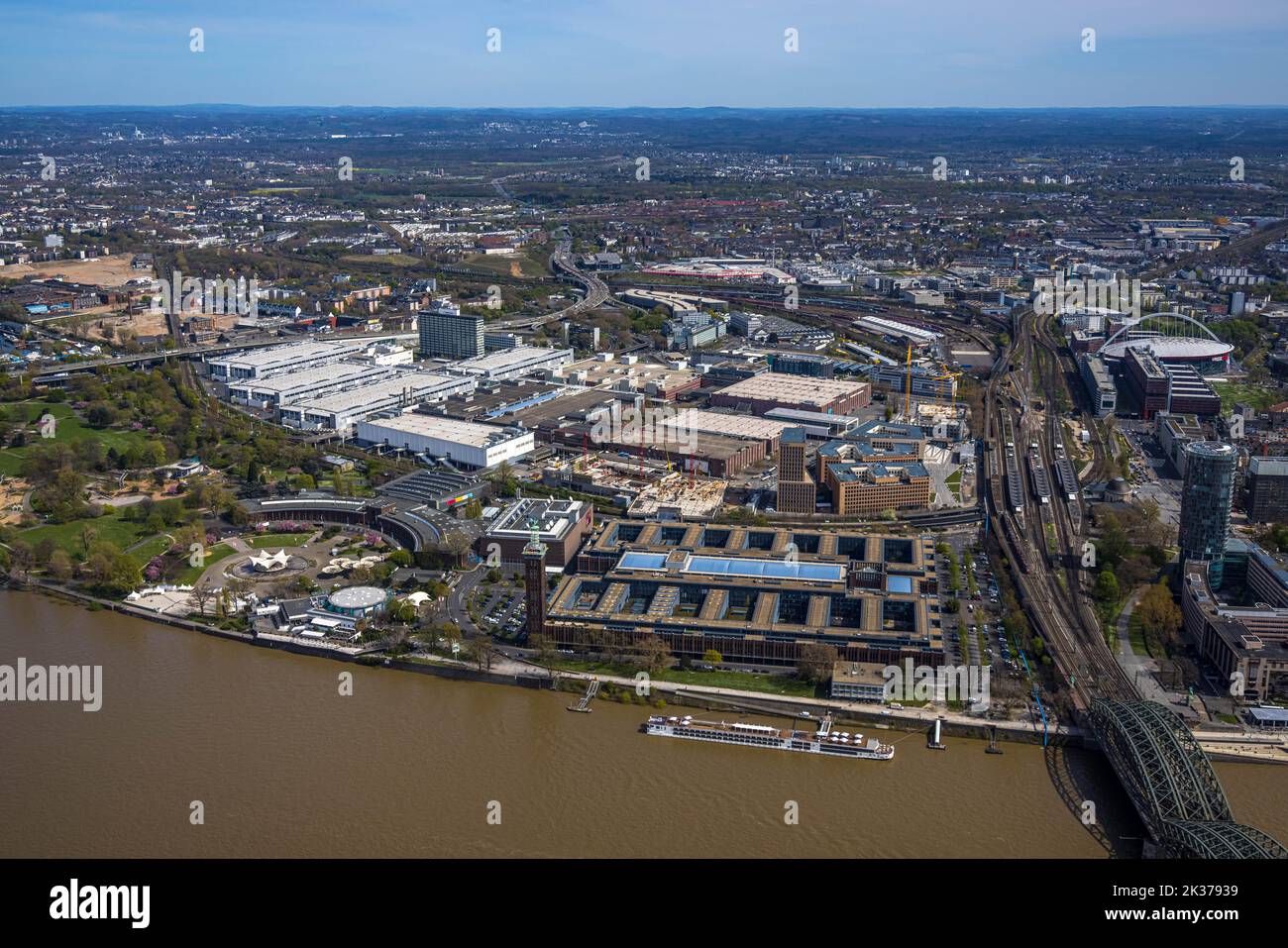 Aerial view, Cologne fairground with construction site and new building ...