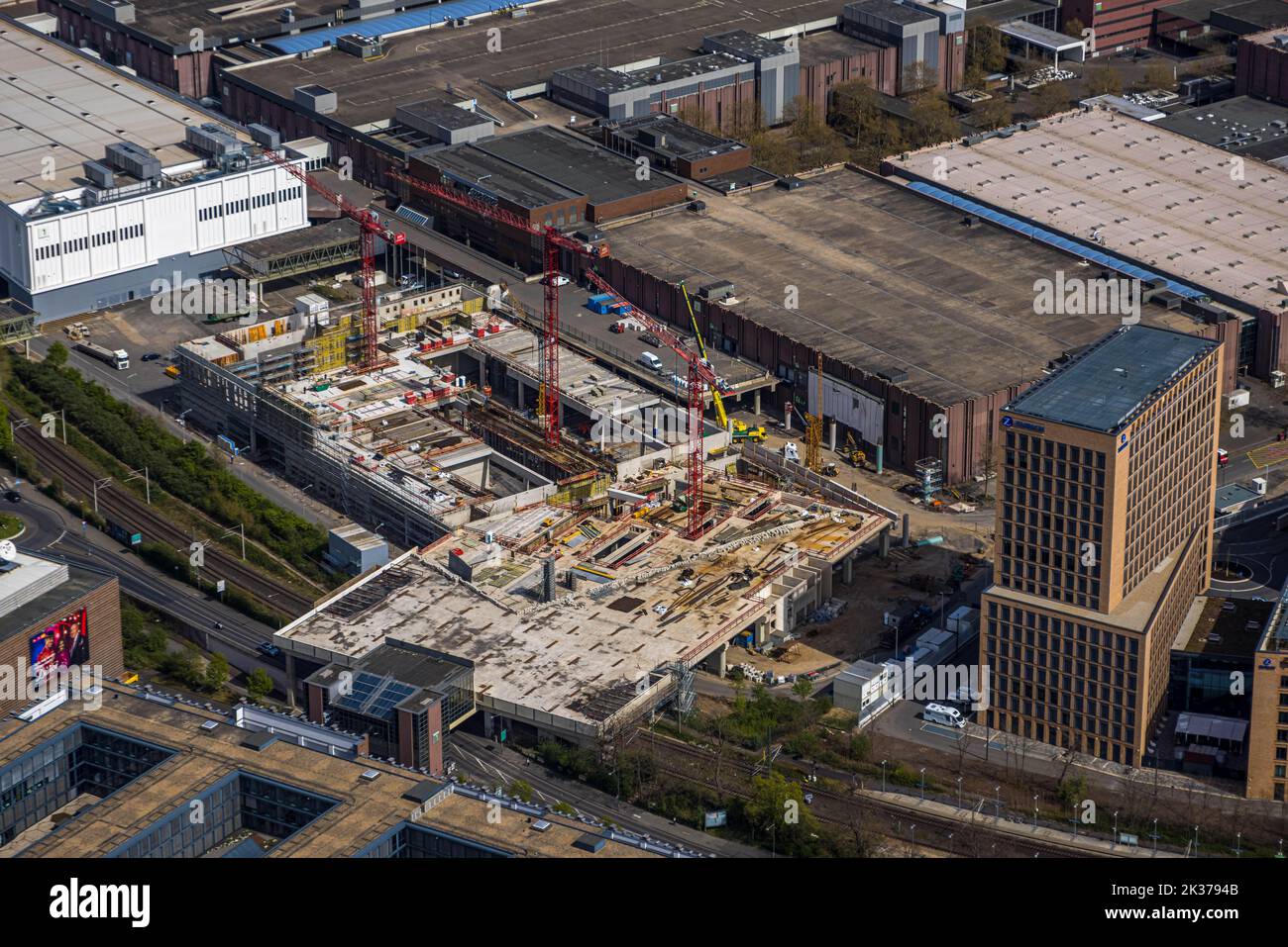 Aerial view, exhibition center Kölnmesse with construction site and new ...