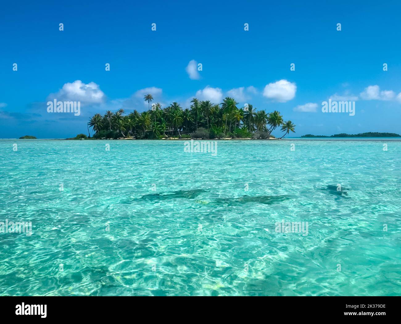 Isolated wild tropical island with turquoise water and bright blue sky ...