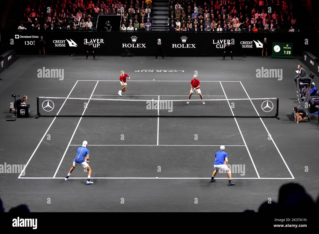 Felix Auger Aliassime in action with Jack Sock against Matteo Berrettini and Andy Murray in the ...