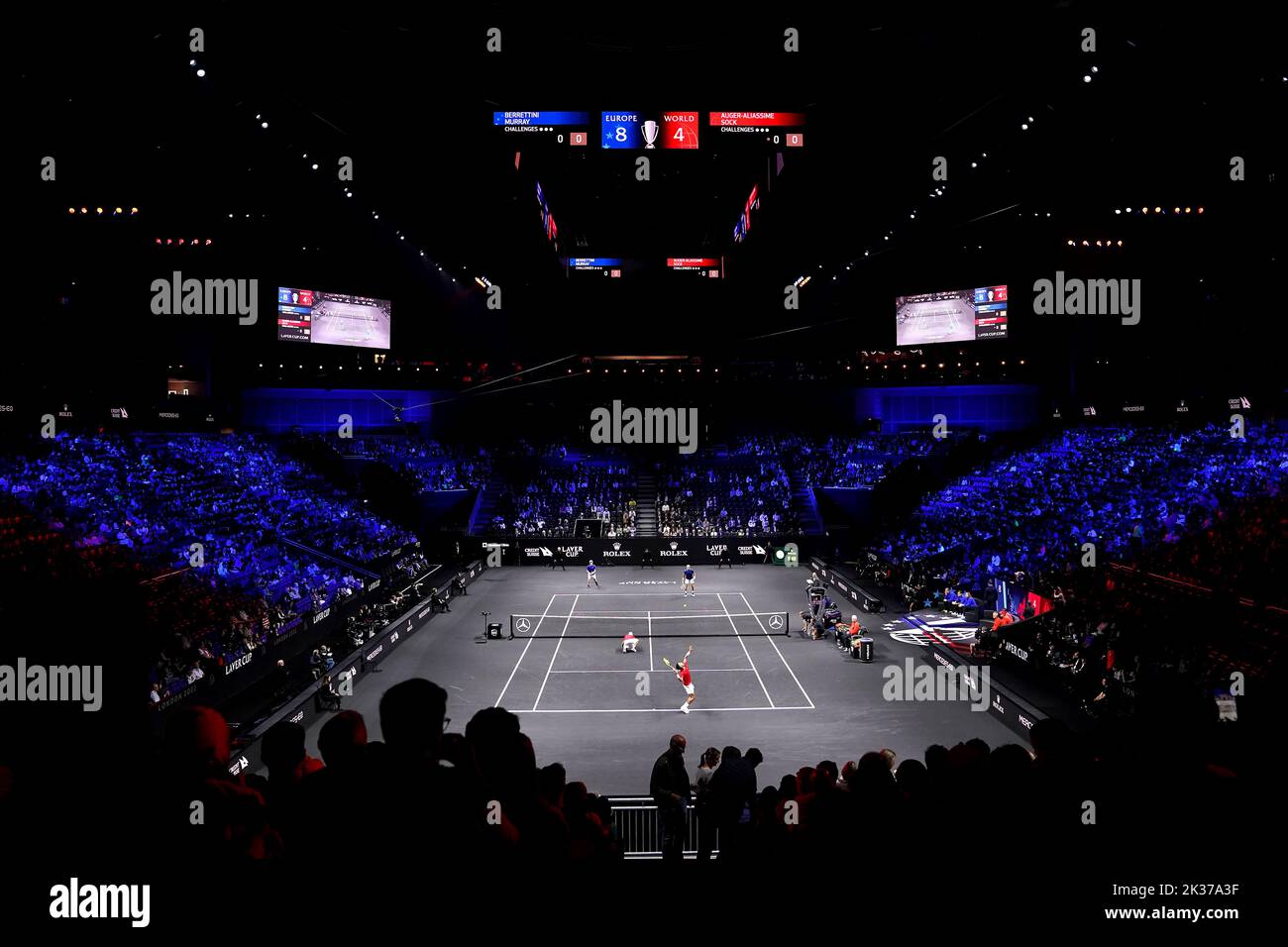 Felix Auger Aliassime in action with Jack Sock against Matteo Berrettini and Andy Murray in the ...