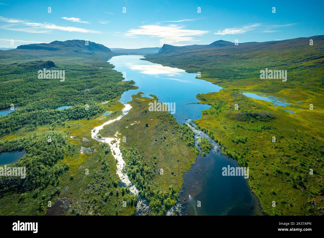 Aerial view of lakes and mountains in vast Arctic landscape. Bietsavrre ...