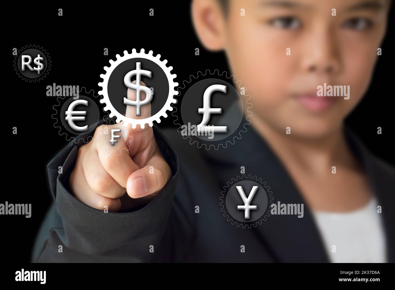 A 3D rendering of currency signs with an Asian young boy in the ...