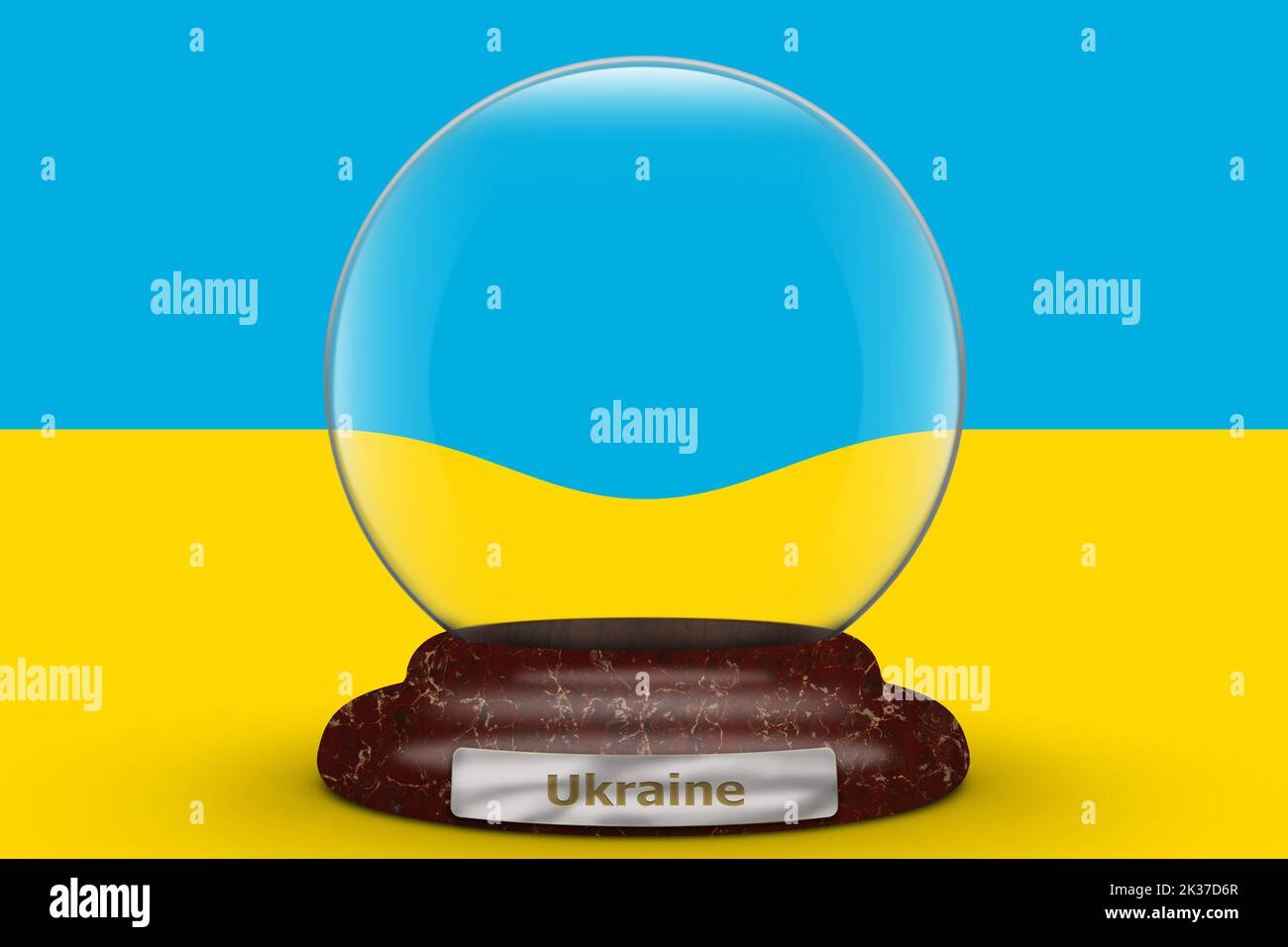 A transparent snow globe with the flag of Ukraine in the background ...