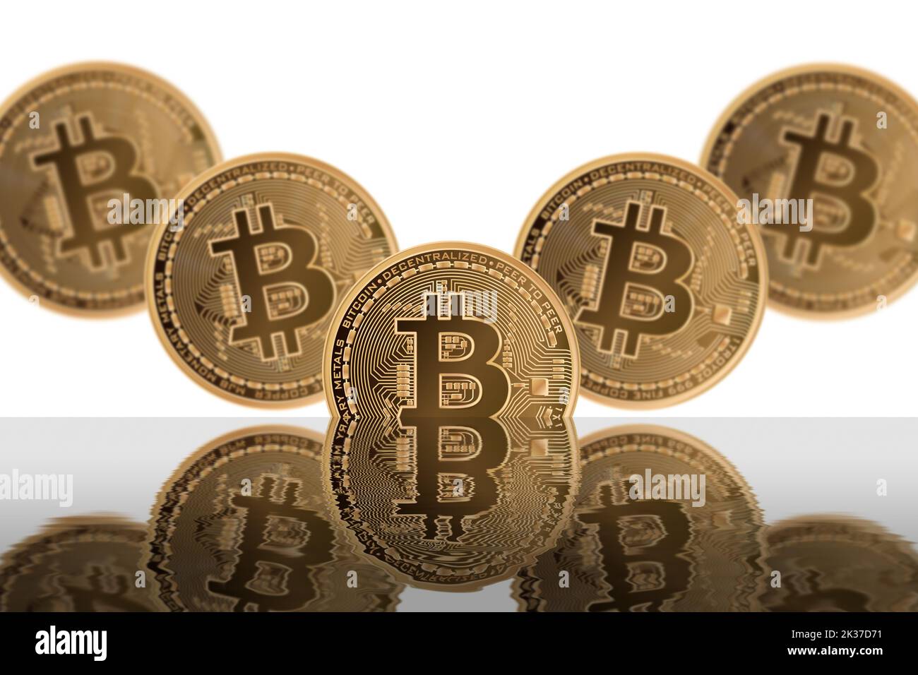 A 3D rendering of five bitcoin and their shadows isolated on a white ...