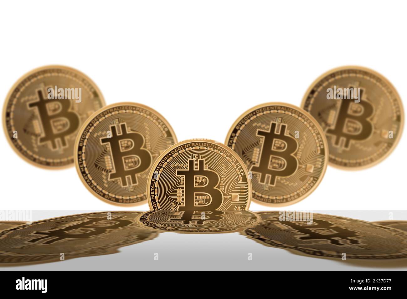 A 3D rendering of five bitcoin and their shadows isolated on a white ...