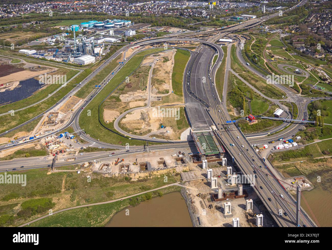 Aerial view, Leverkusen Rhine bridge construction site with replacement ...