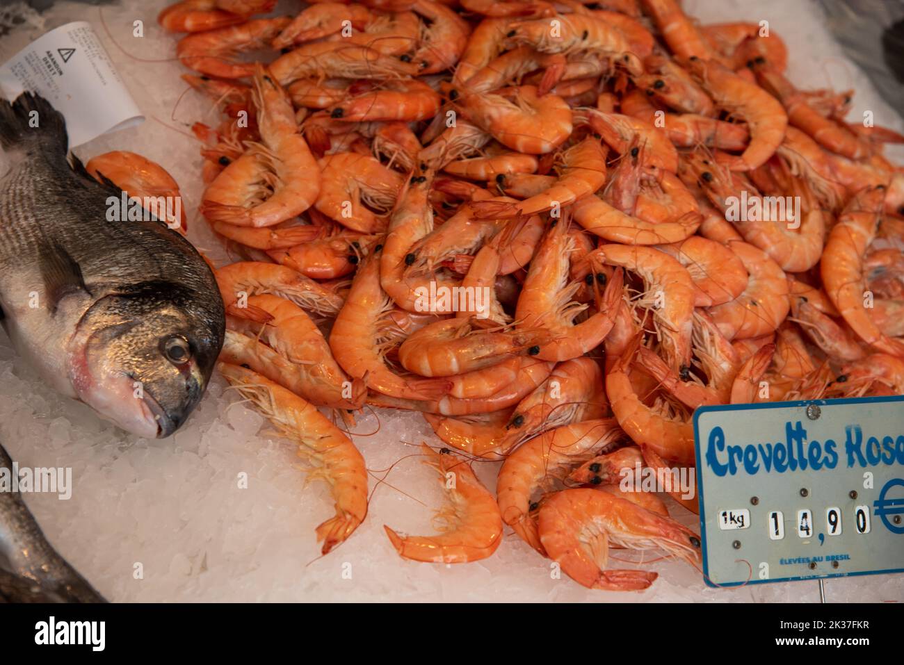 Paris, France. August 2022. Fresh fish at the Mesnilmontant fish market ...