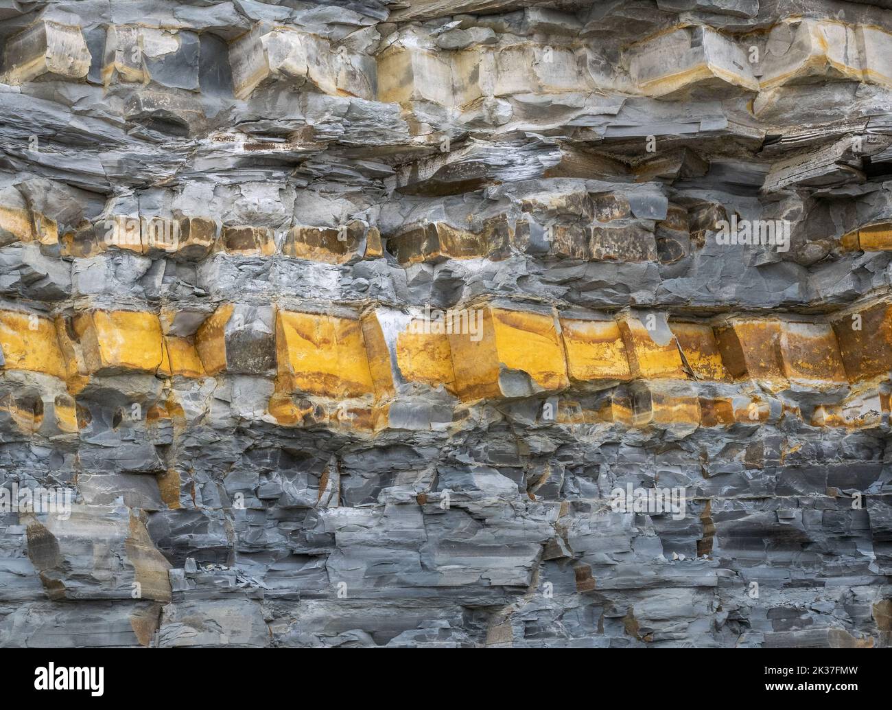 Alternating strata of Jurassic lias limestone and shale in cliffs near ...