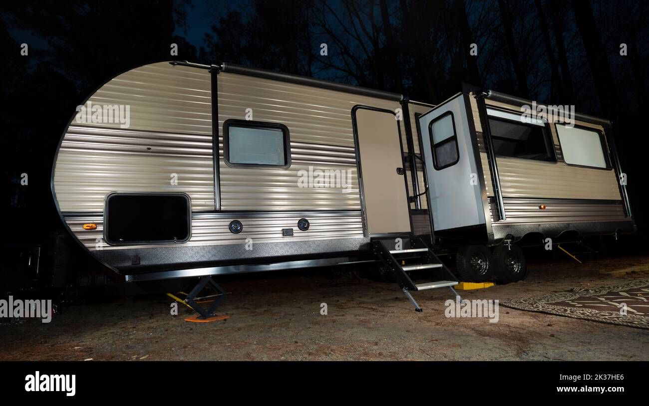 Long camper at night in a forest near Jordan Lake North Carolina Stock ...