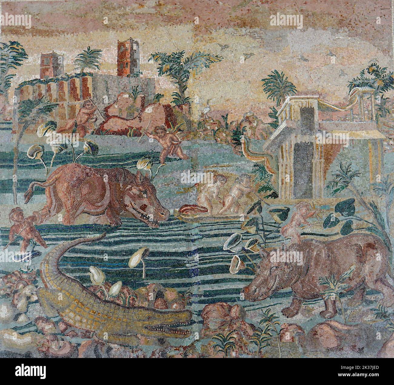 roman mosaic of small polychrome marble pieces with wild animals Stock ...