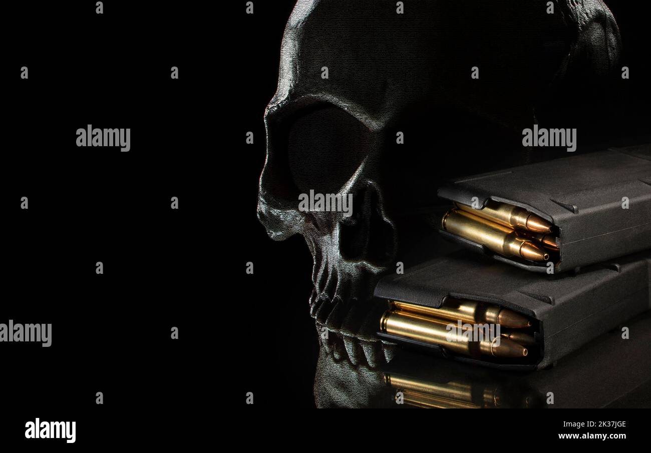 High capacity AR-15 magazines loaded with ammunition and a skull behind ...