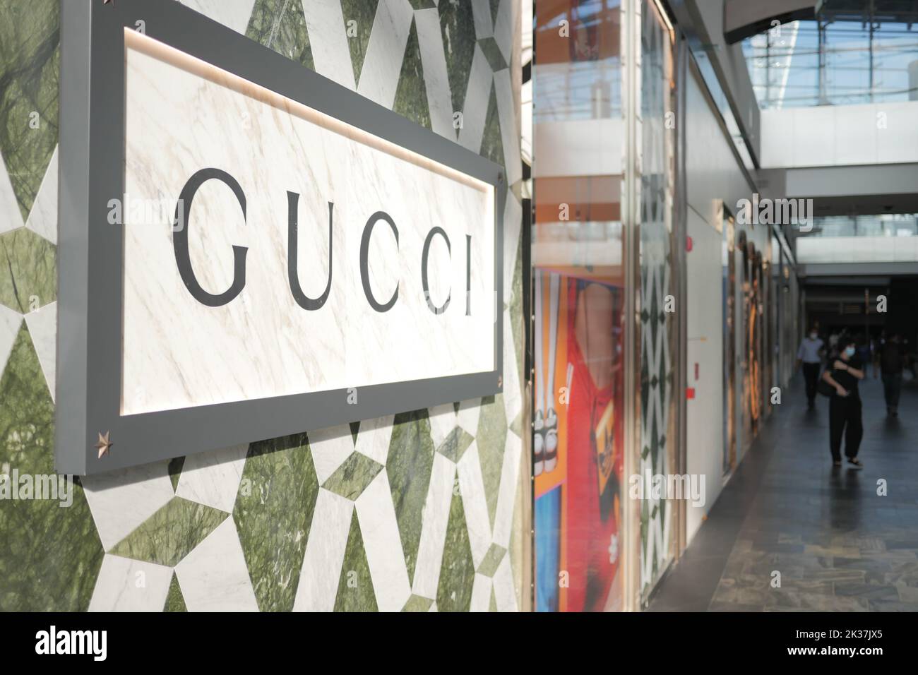 Singapore Marina bar 12 June 2022. Gucci sign on a marble wall Stock ...