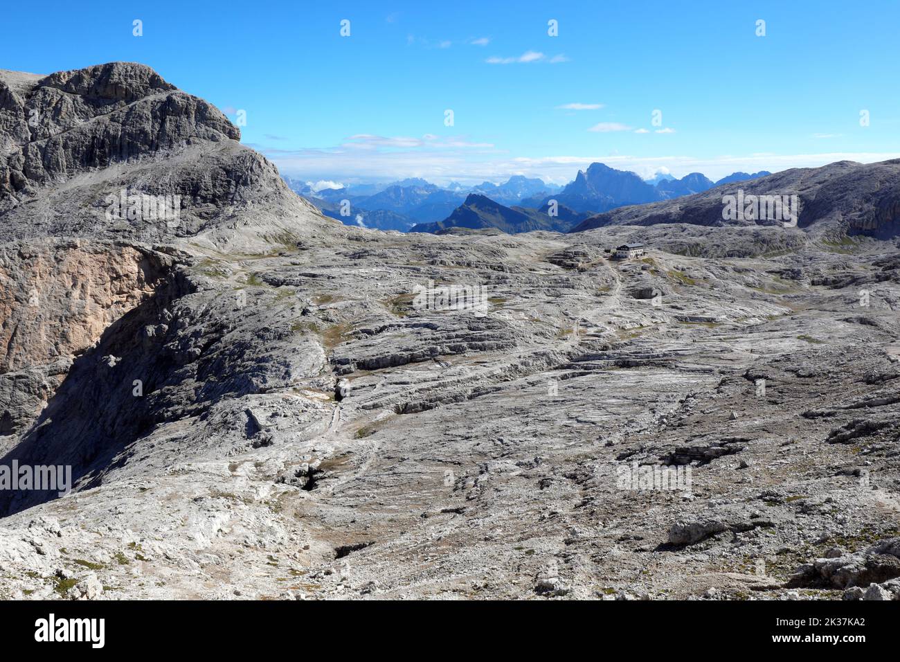 almost lunar scenery of the rocky dolomites on the alps near the town ...