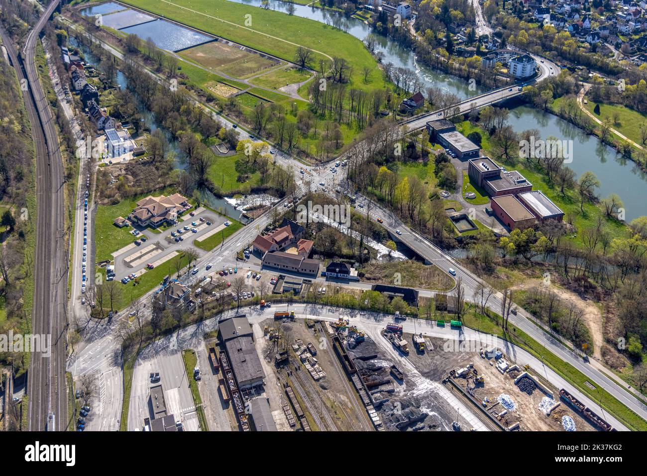 Aerial view, intersection Ruhrstraße, Wetterstraße and Ruhr dike, river ...