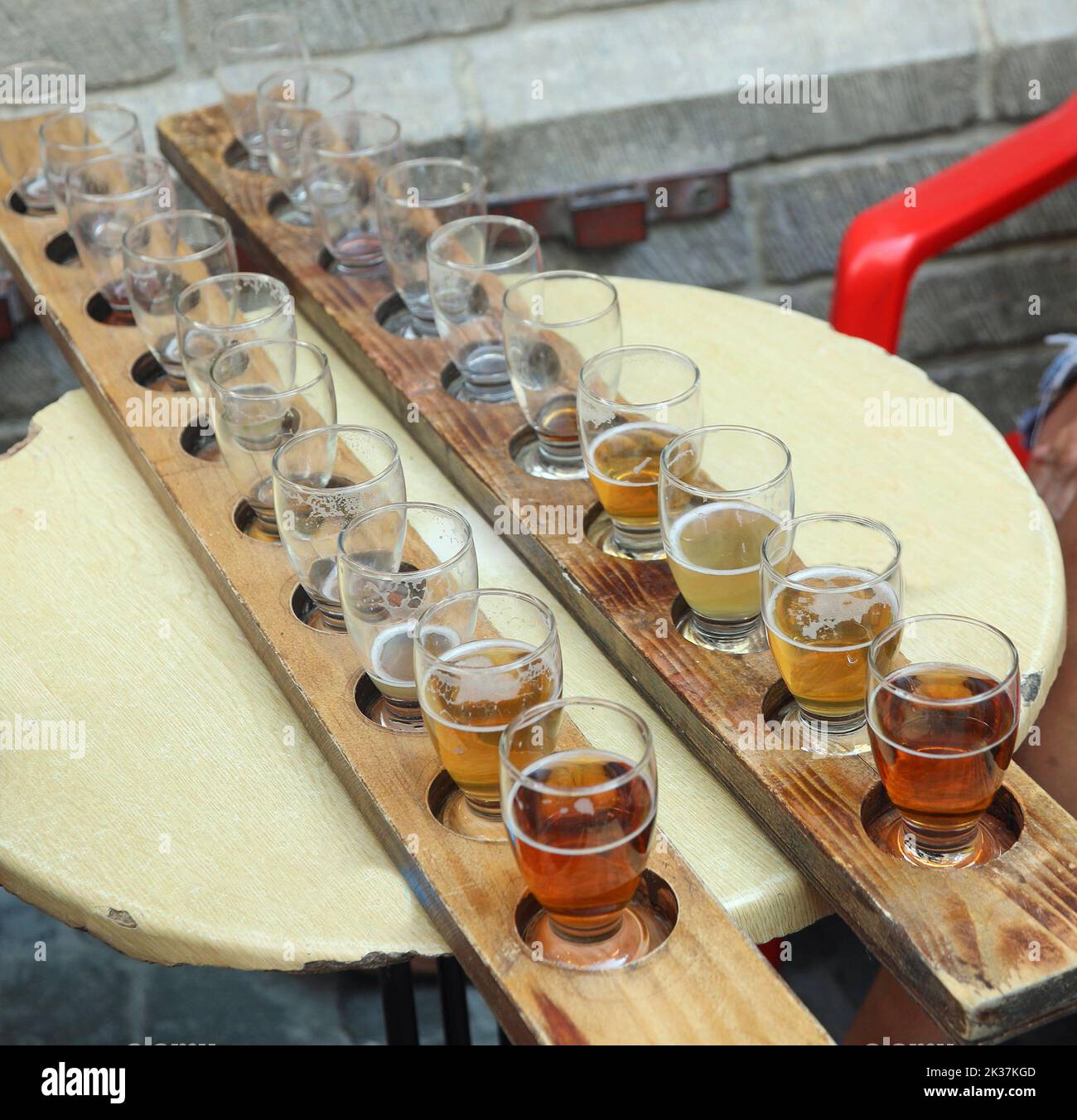 many glasses in the brewery where they serve beer by the meter at the ...