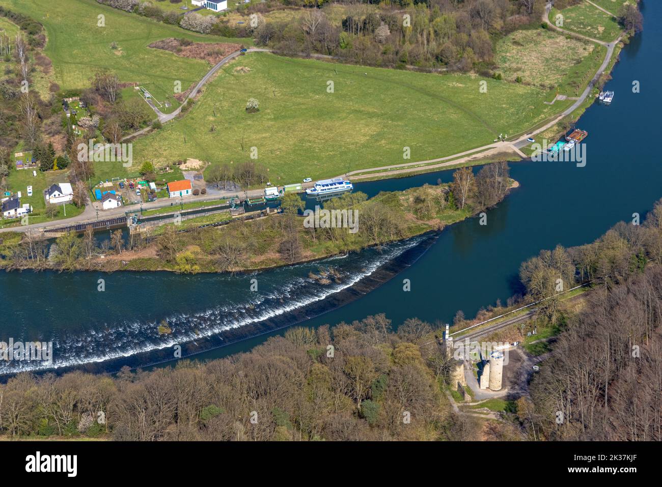 Aerial view, tourist trio, lock keeper house with ferry, Herbeder lock ...