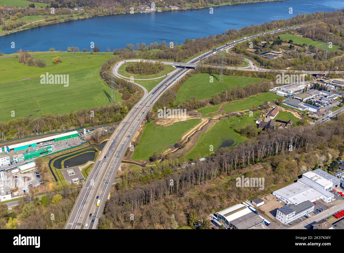 Aerial view, freeway A43 with junction Witten-Herbede at the Kemnader ...