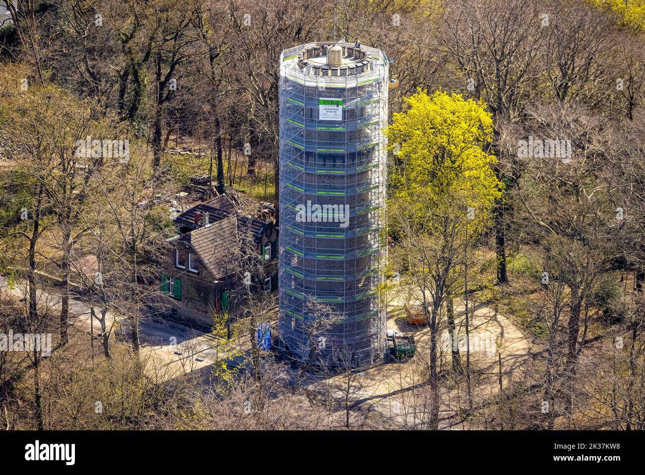 Aerial view, renovation work on shrouded Helen's Tower, Witten, Ruhr ...