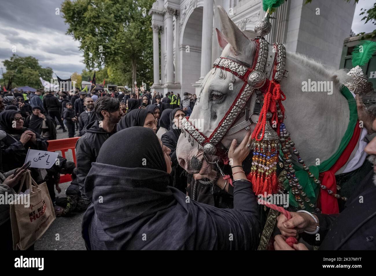 London, UK. 25th September 2022. Muslims greet ‘Zuljanah’, a grey ...