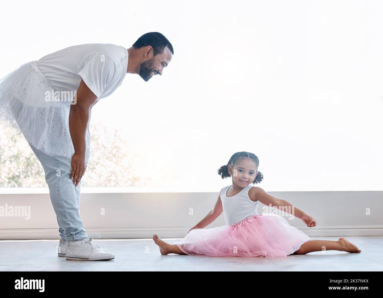 Ballerina girl, father and daughter dancing for fun and learning ballet ...