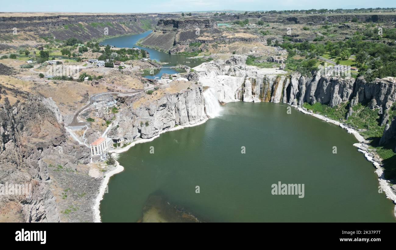 A drone shot of the Shoshone falls in the Snake river in the Pacific ...